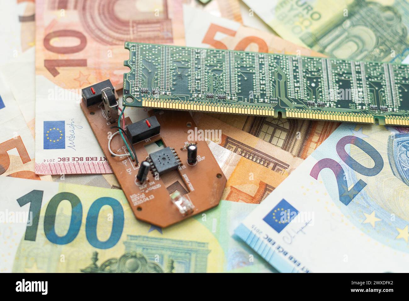 5 euro banknotes next to the micro-schemes. Top view Stock Photo - Alamy