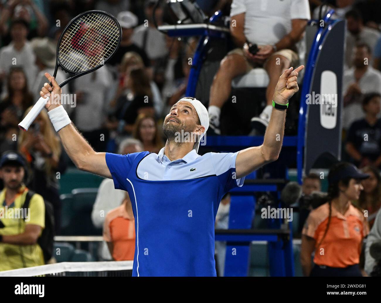 Miami Gardens FL, USA. 28th Mar, 2024. Grigor Dimitrov reacts after ...