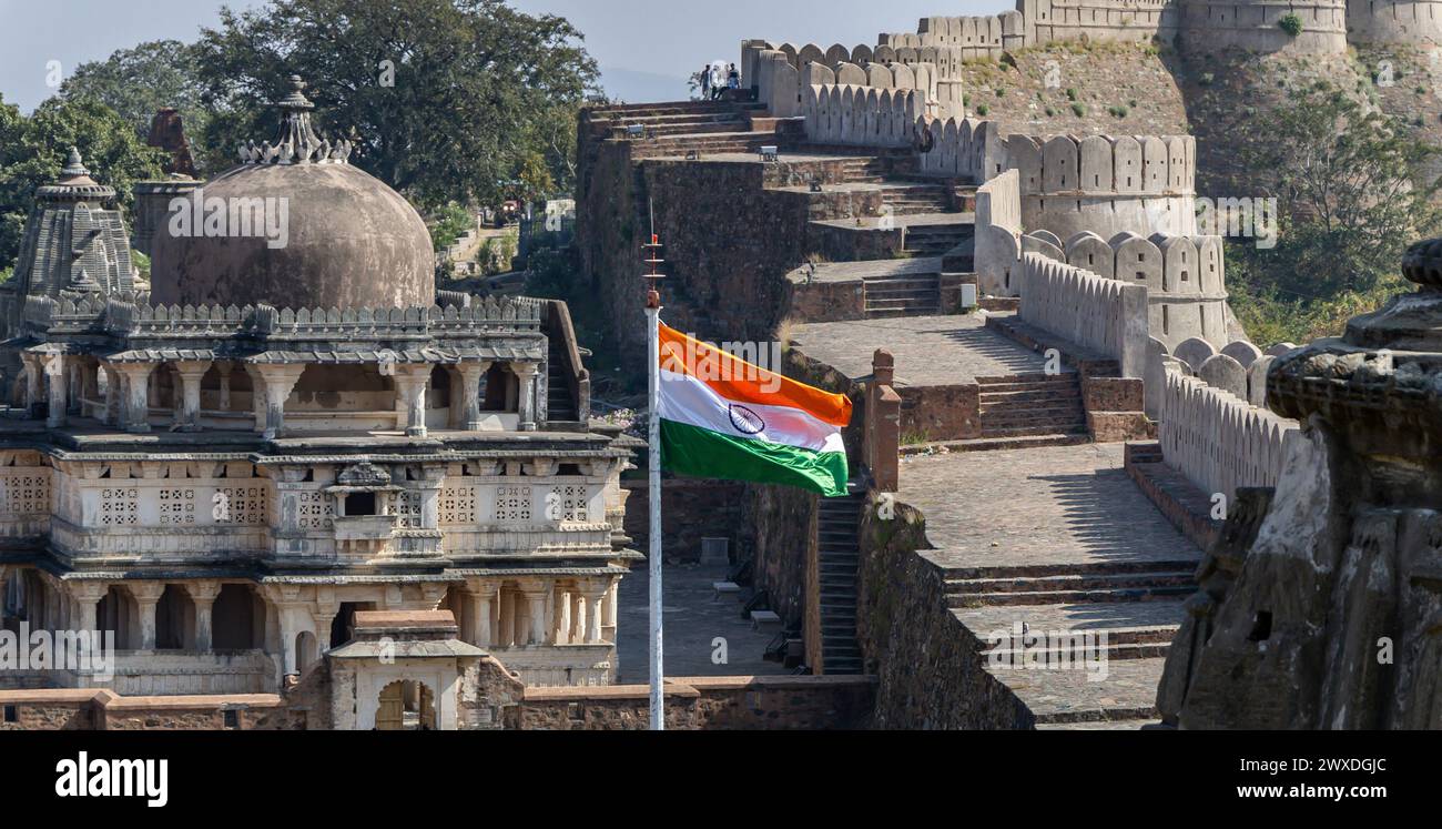 indian tricolor waving at ancient fort from flat angle image is taken ...