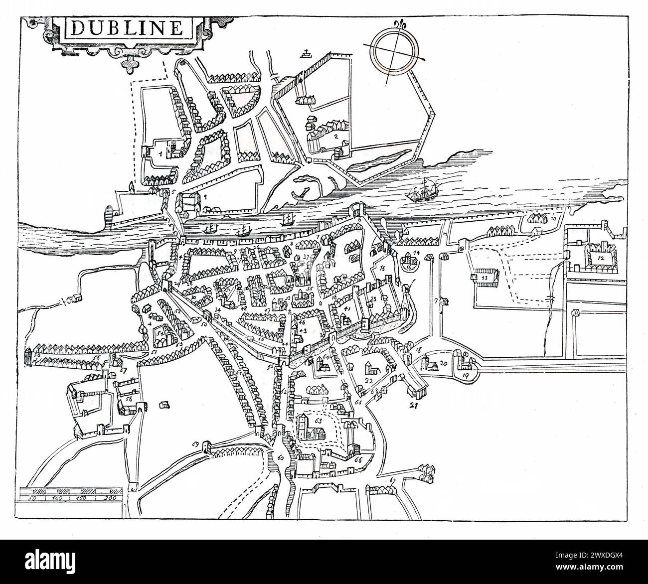 Map of Dublin, AD 1610. Black and White Illustration from the Map of Dublin, AD 1610. Black and White Illustration from the