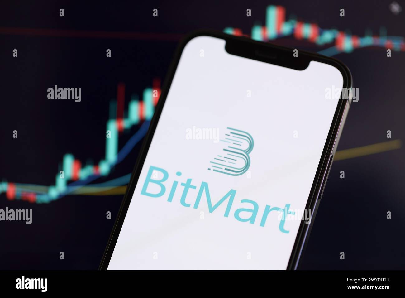 KYIV, UKRAINE - MARCH 15, 2024 Bitmart logo on iPhone display screen and crypto currency value ...