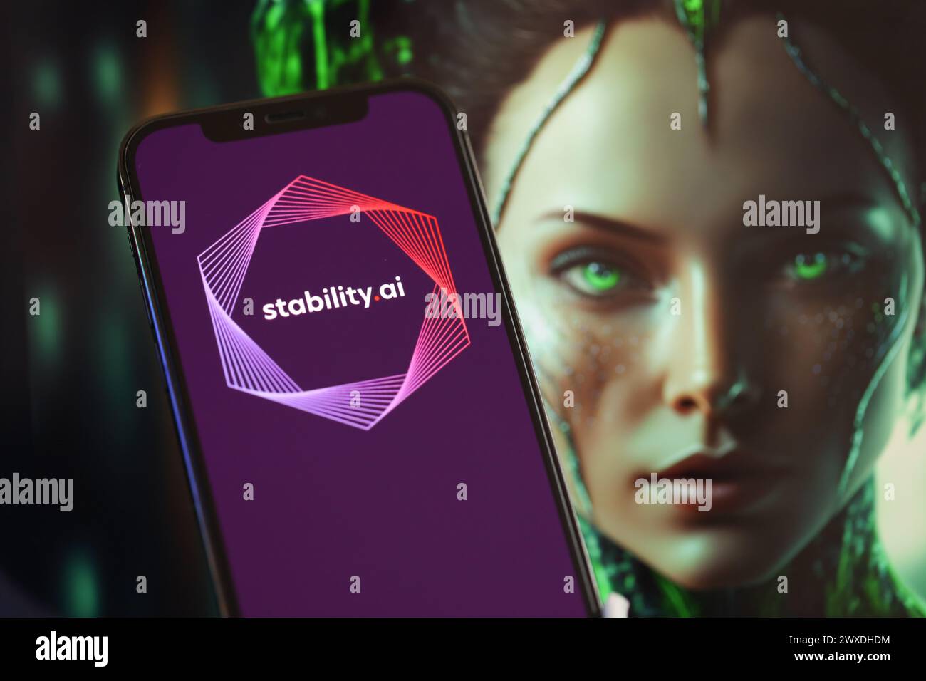 KYIV, UKRAINE - MARCH 17, 2024 StabilityAI logo on iPhone display ...