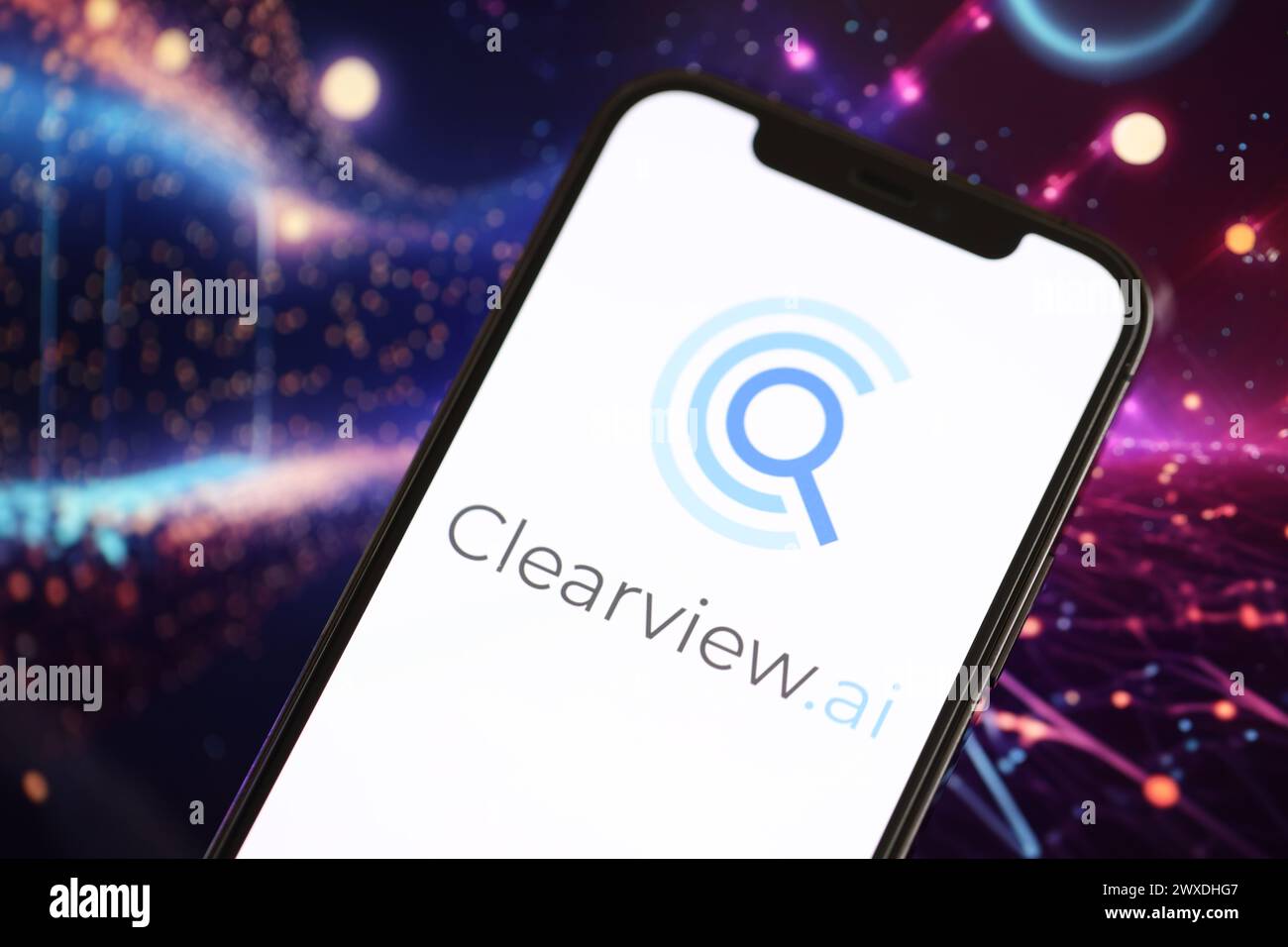 KYIV, UKRAINE - MARCH 17, 2024 ClearView logo on iPhone display screen with background of ...