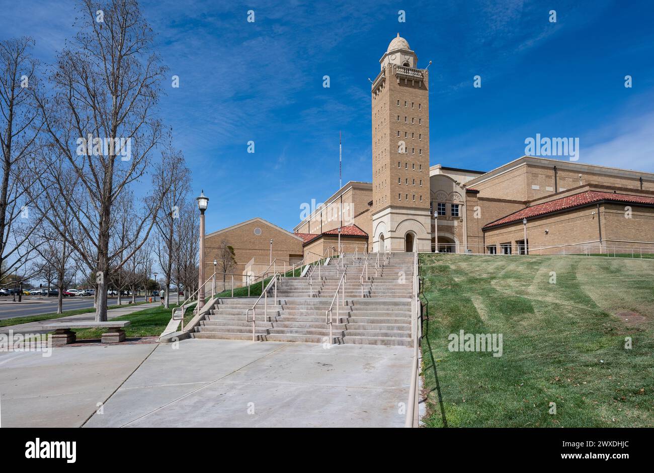 Staircase leading to the arena and its tower on the campus of Texas ...