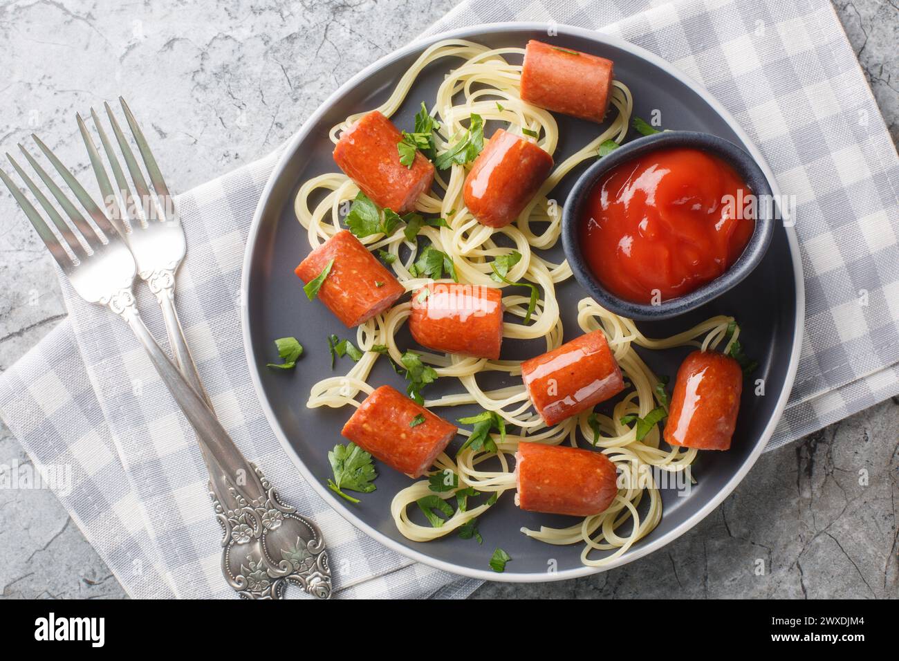 Halloween food spiders funny spaghetti with hot dog and ketchup close ...