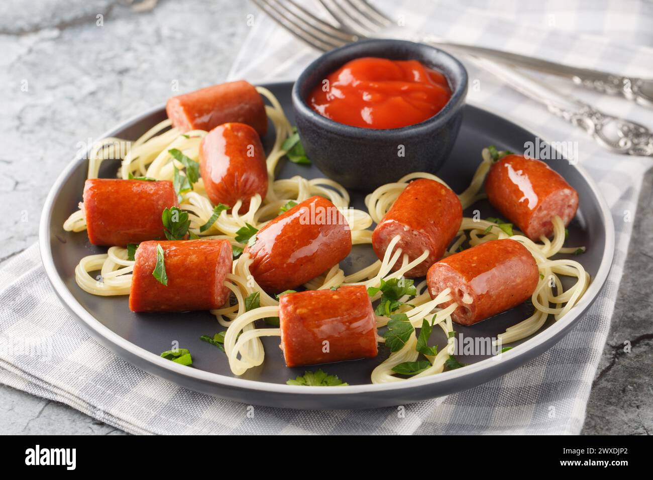 Halloween food spiders funny spaghetti with hot dog and ketchup close ...