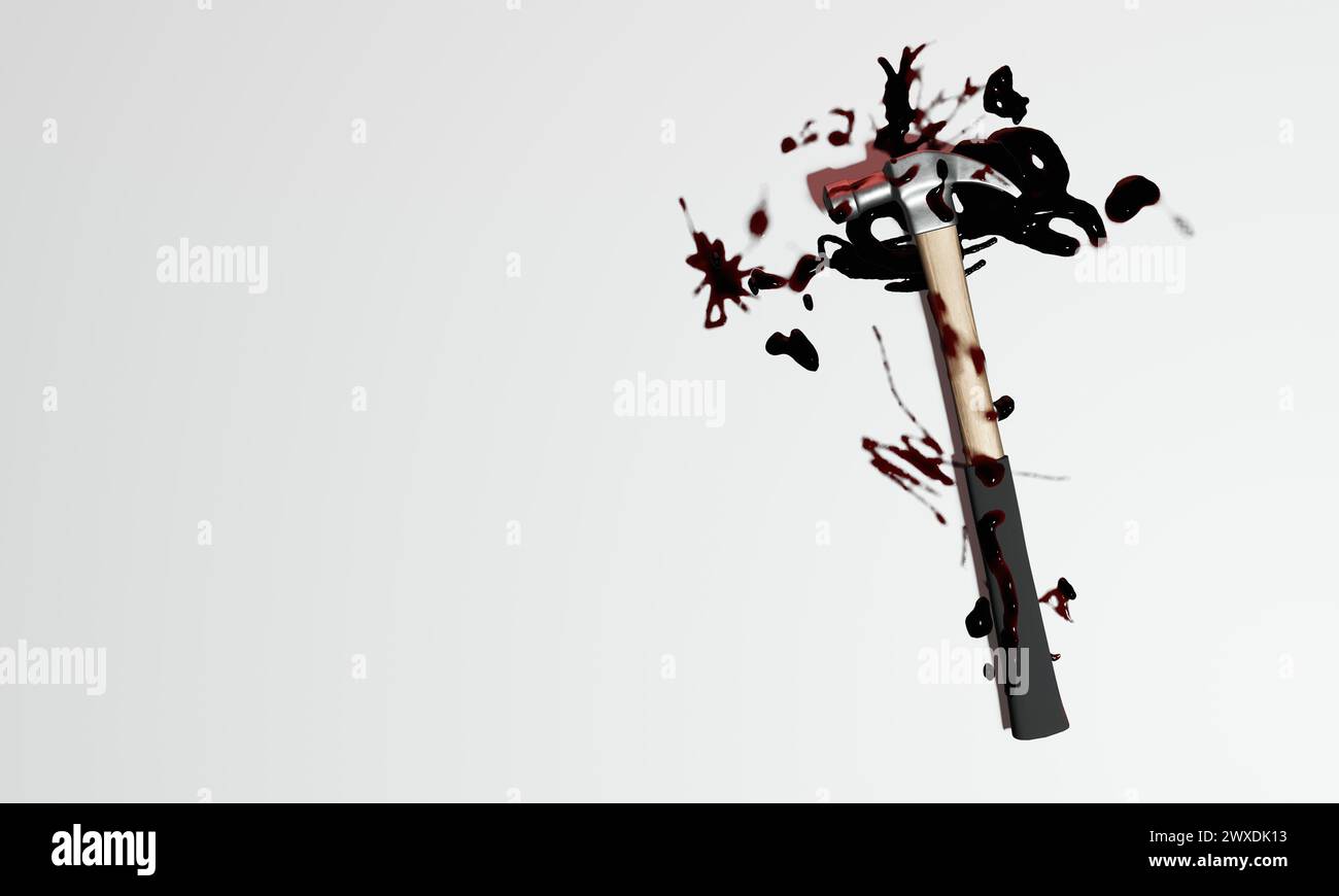 3d render of hammer with blood stain for crime scene or violence ...