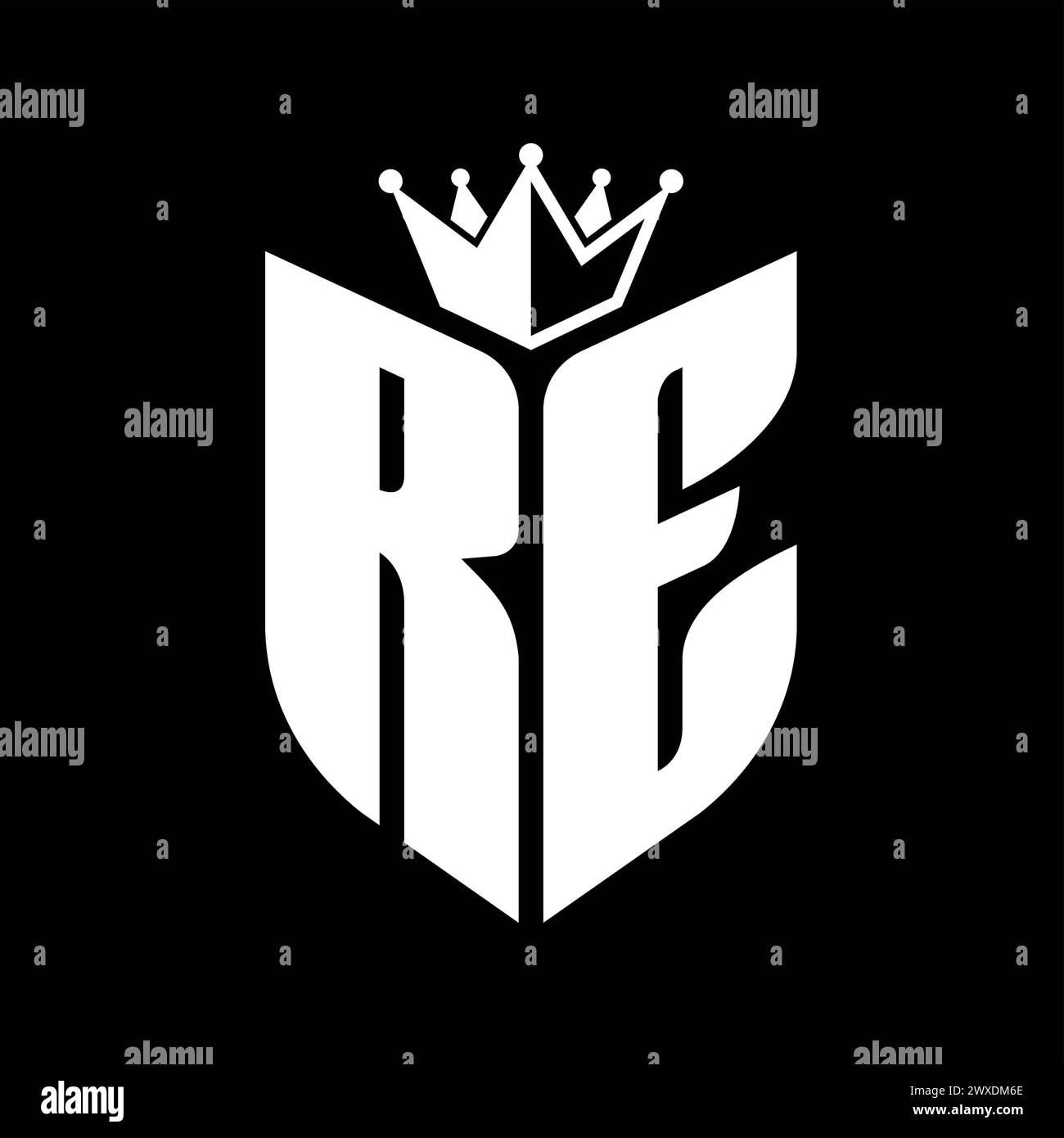 RE Letter monogram with shield shape with crown black and white color ...