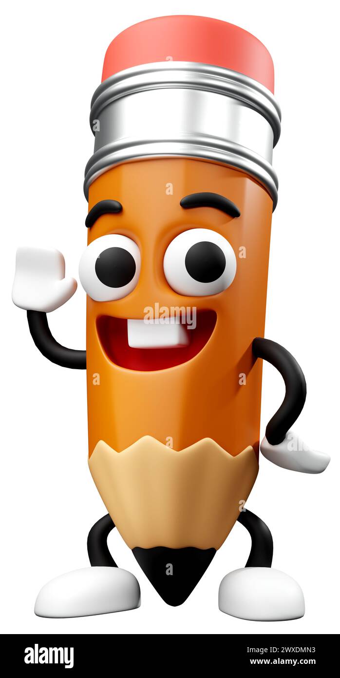 3D cartoon smiling pencil waving hand character mascot illustration ...
