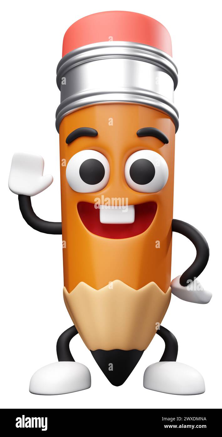 3D cartoon smiling pencil waving hand character mascot illustration ...