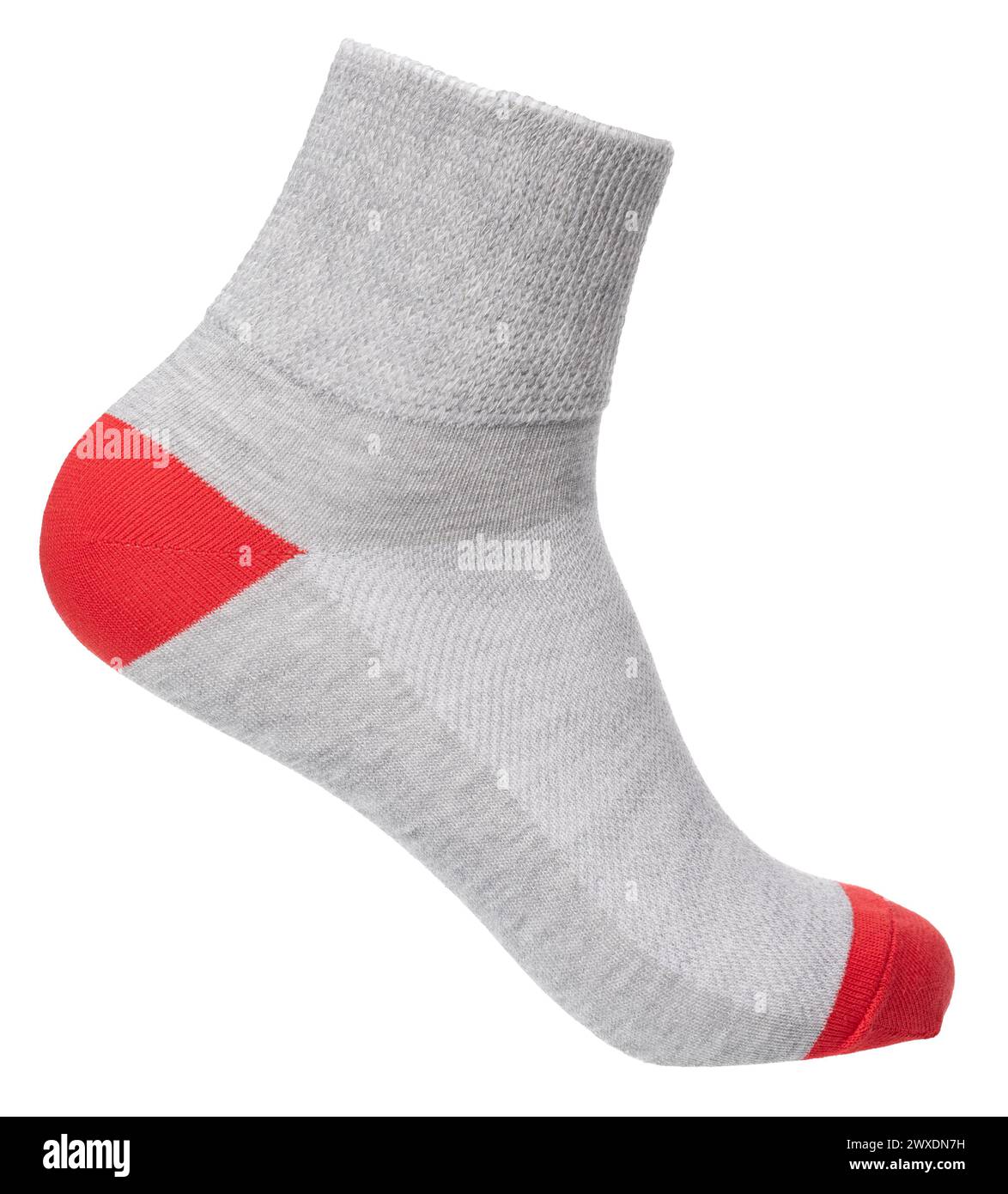 Gray sports ankle sock with red heel and toe design on foot mannequin ...