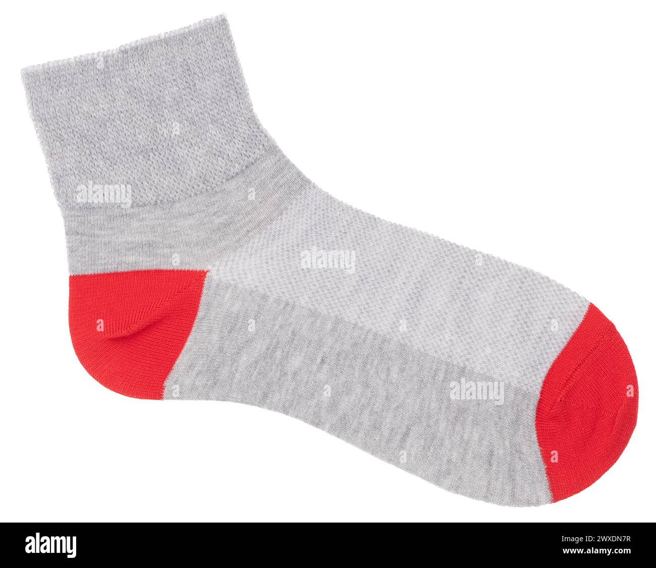 Gray sports ankle sock with red heel and toe design flat lay isolated ...
