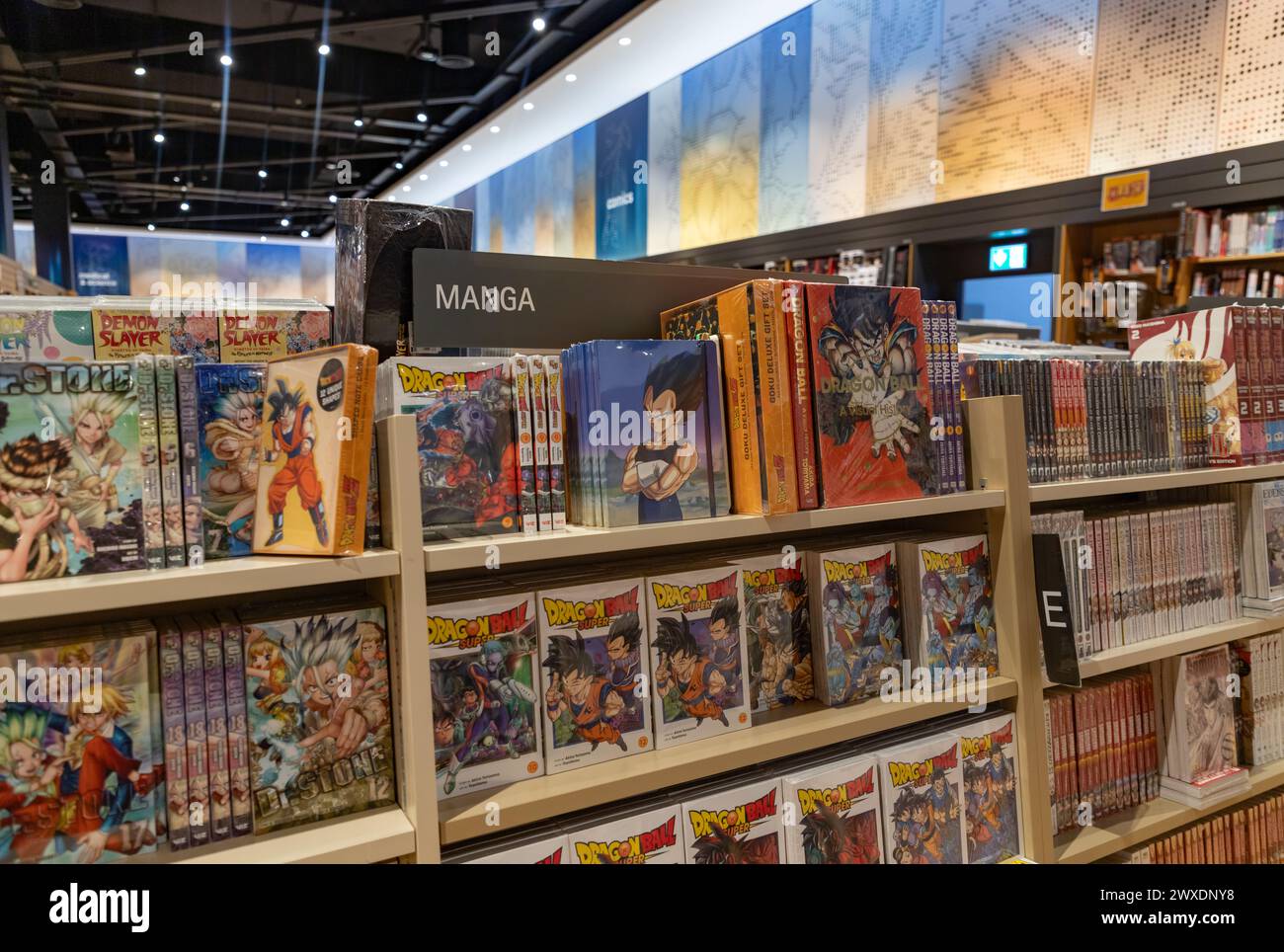 A picture of the manga ad anime comics section at a large bookstore ...