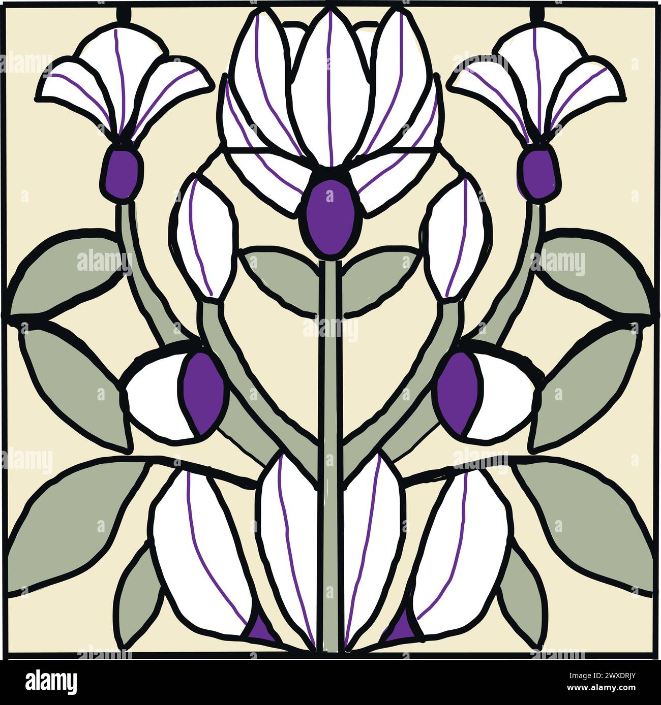 White and purple floral stained glass motif, Edwardian pattern Stock ...