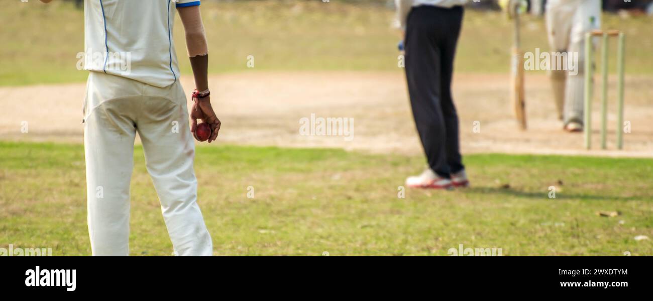 Cricket fast bowler ready to running steps and start up stance Stock ...