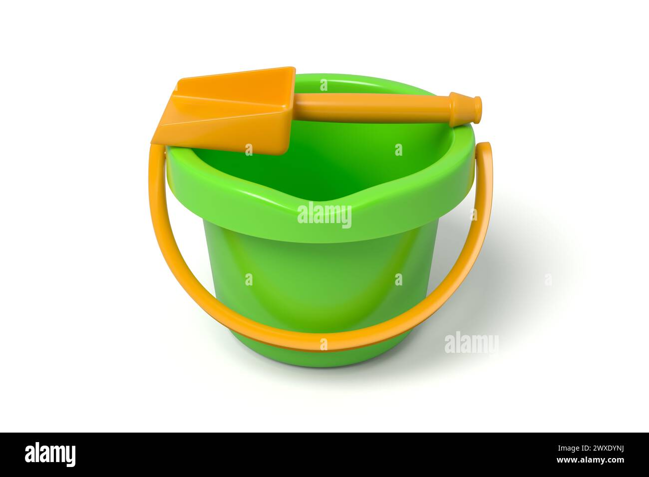 Green and orange toy bucket with shovel handle Stock Photo - Alamy