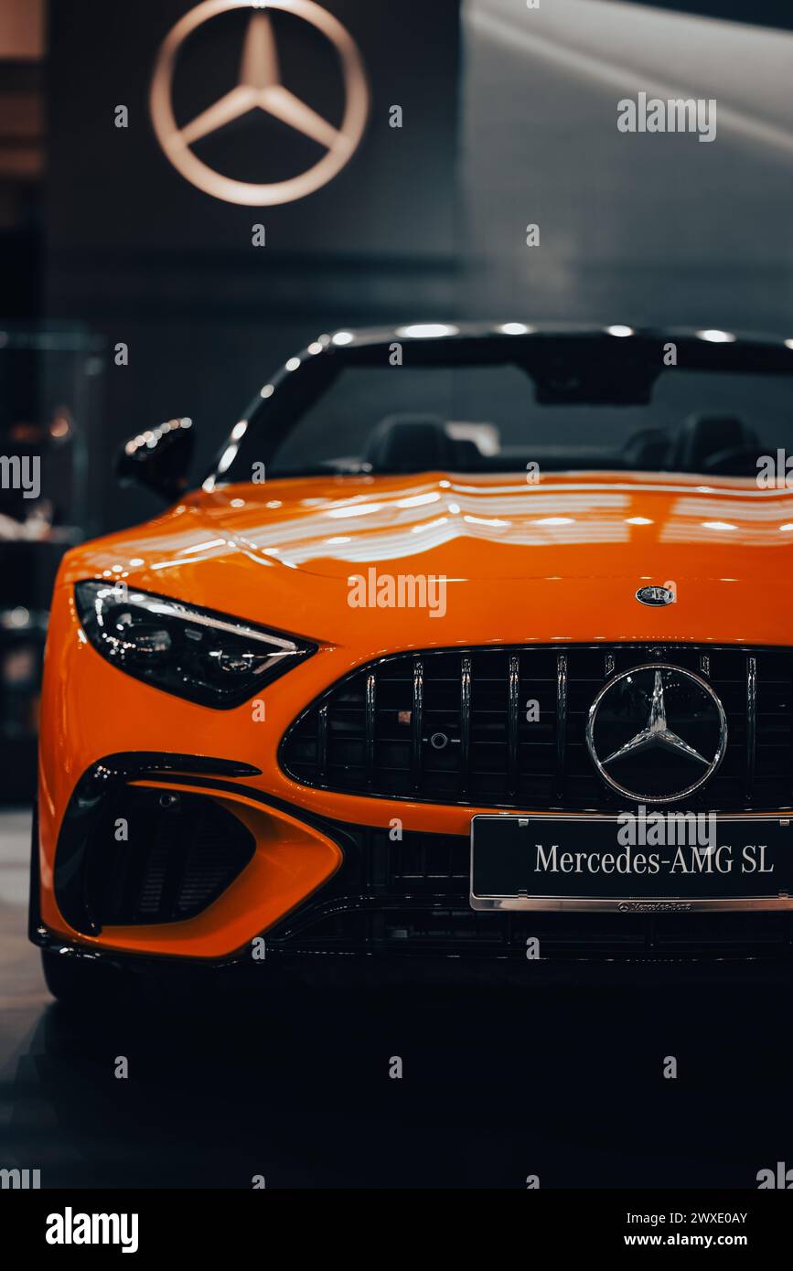 A vertical shot of the front side of the luxury Mercedes-Benz AMG SL ...