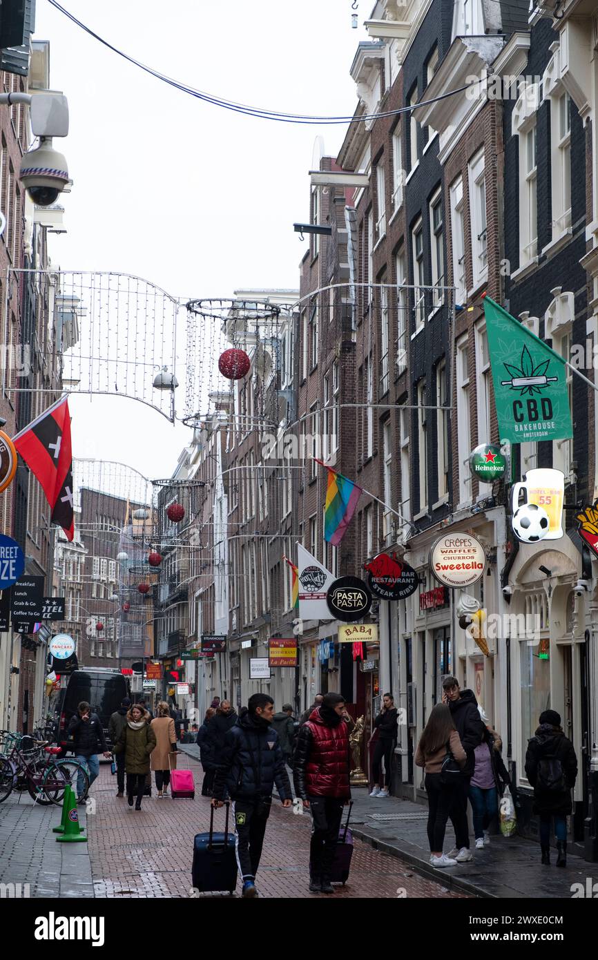 Netherlands, Amsterdam, January 2020. Festive street in Amsterdam with ...