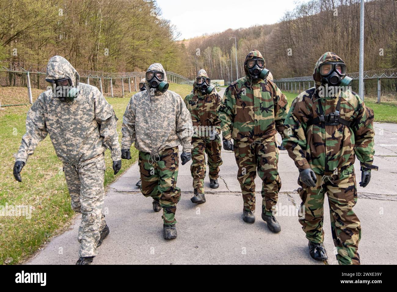 A group of men in military gear are walking down a path. They are ...