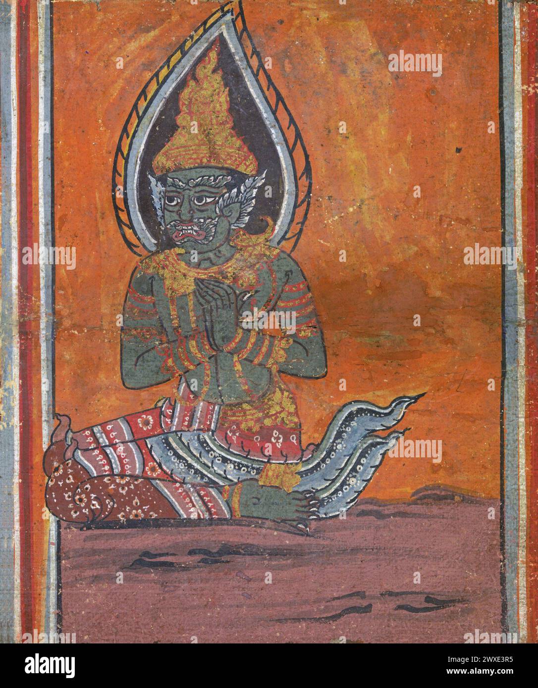 Seated demon. Thai painting. On a brown-red background and against an ...