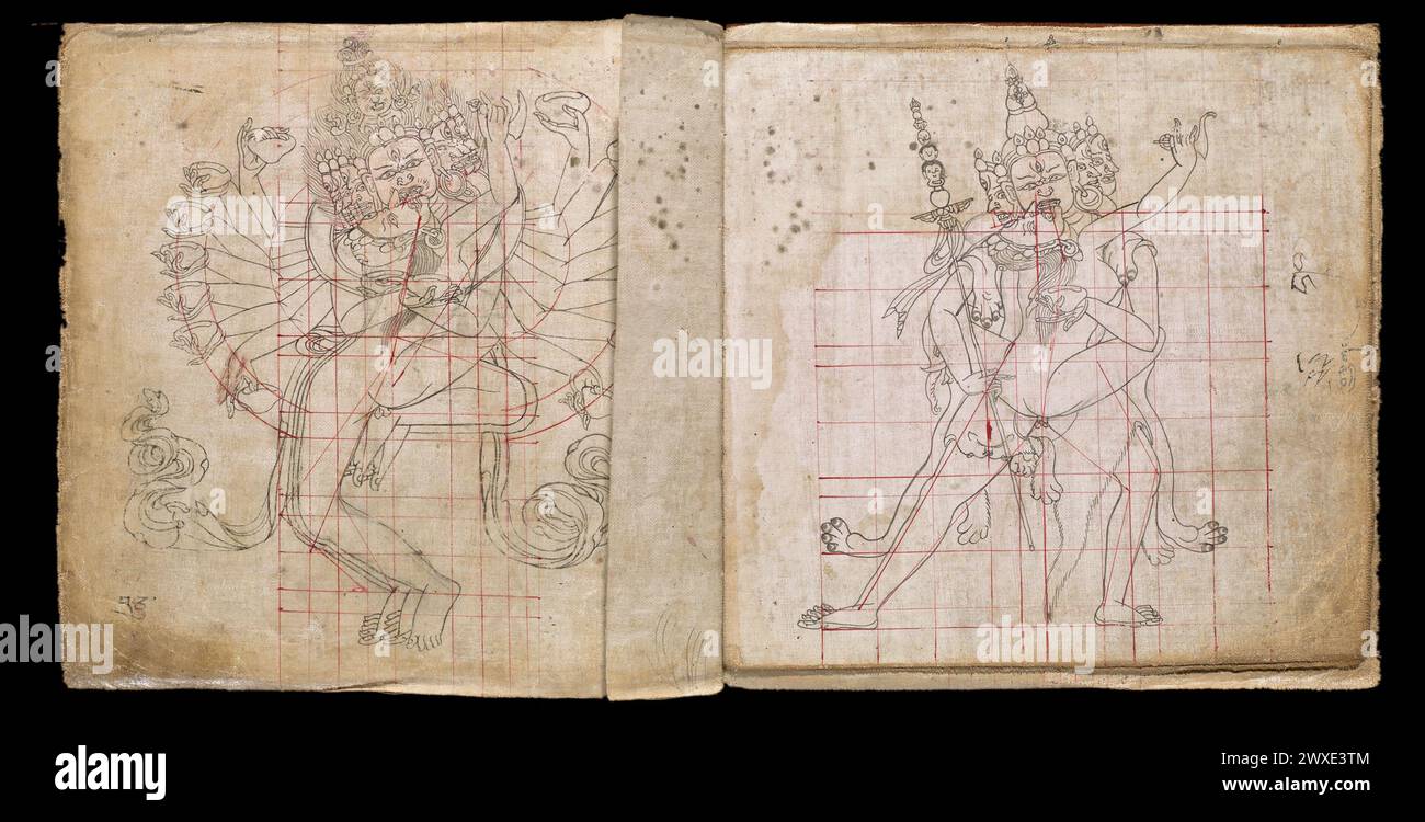 Two pages from the Tibetan book of Proportions, an eighteenth-century ...