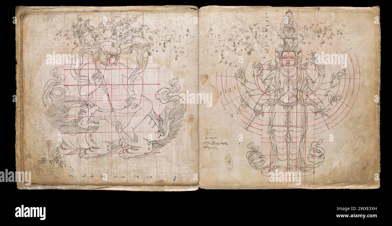 Two pages from the Tibetan book of Proportions, an eighteenth-century ...