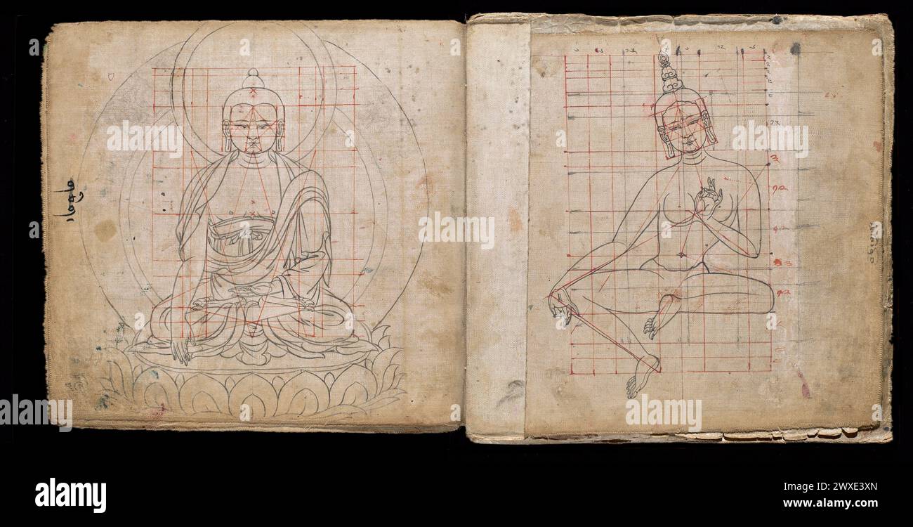 Two pages from the Tibetan book of Proportions, an eighteenth-century ...