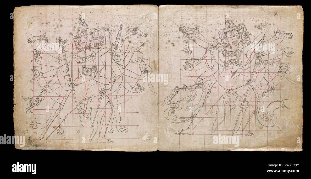 Two pages from the Tibetan book of Proportions, an eighteenth-century ...