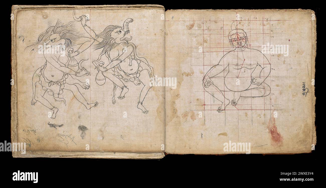 Two pages from the Tibetan book of Proportions, an eighteenth-century ...
