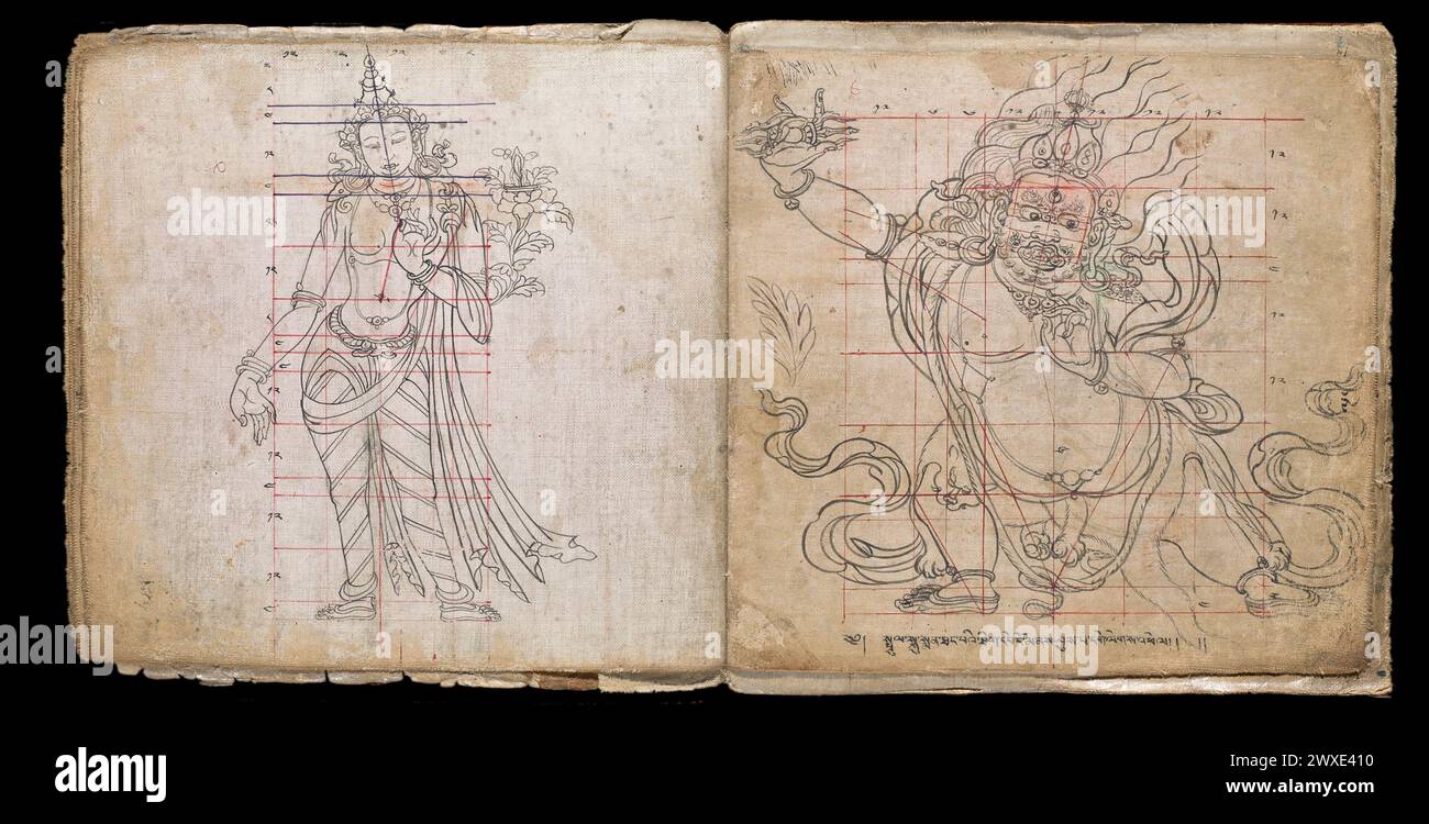 Two pages from the Tibetan book of Proportions, an eighteenth-century ...