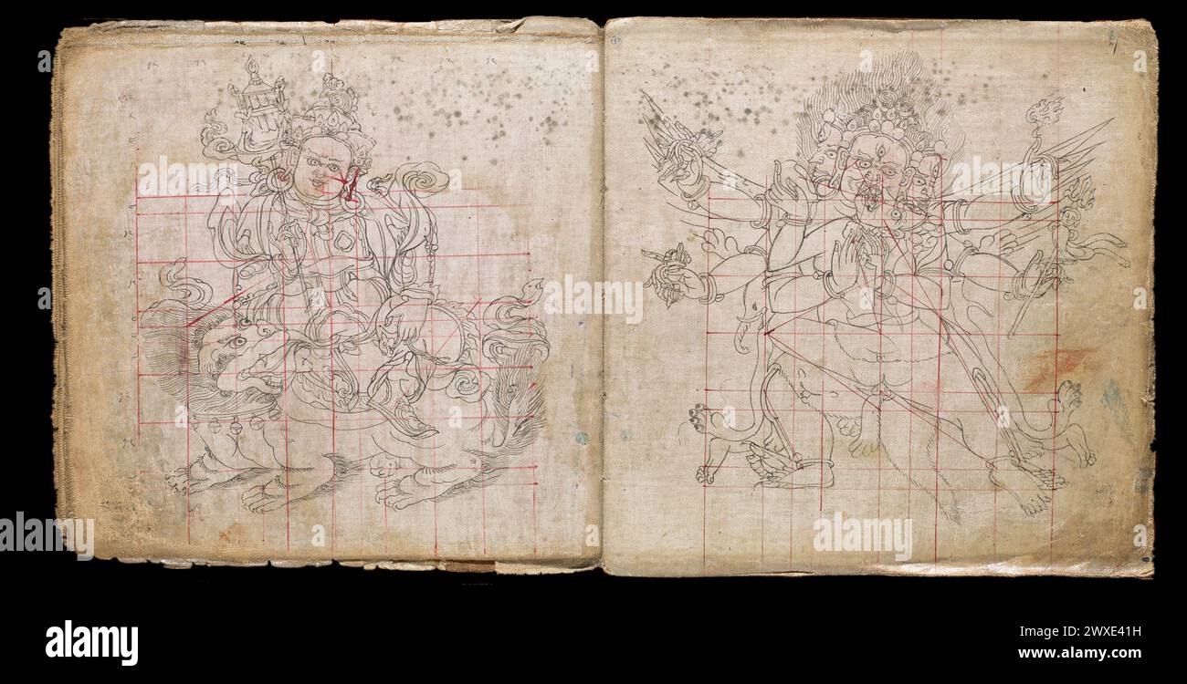 Two pages from the Tibetan book of Proportions, an eighteenth-century ...