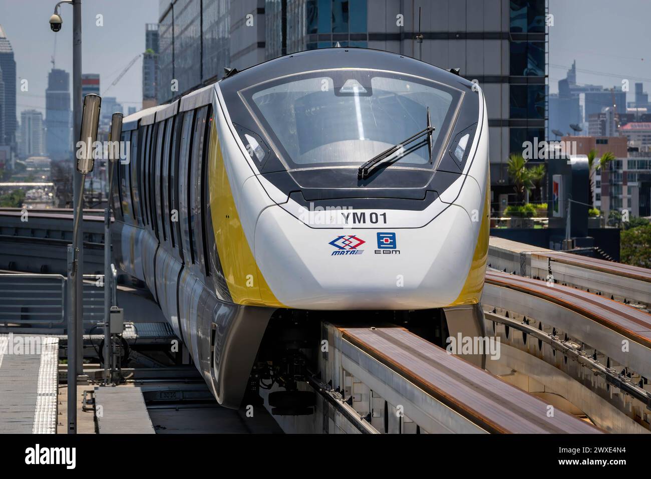 Bangkok, Thailand. 30th Mar, 2024. Close-up of the Yellow Line monorail ...