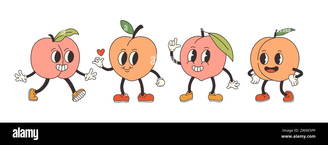Groovy peach set. Hand draw Funny Retro vintage trendy style peach ...