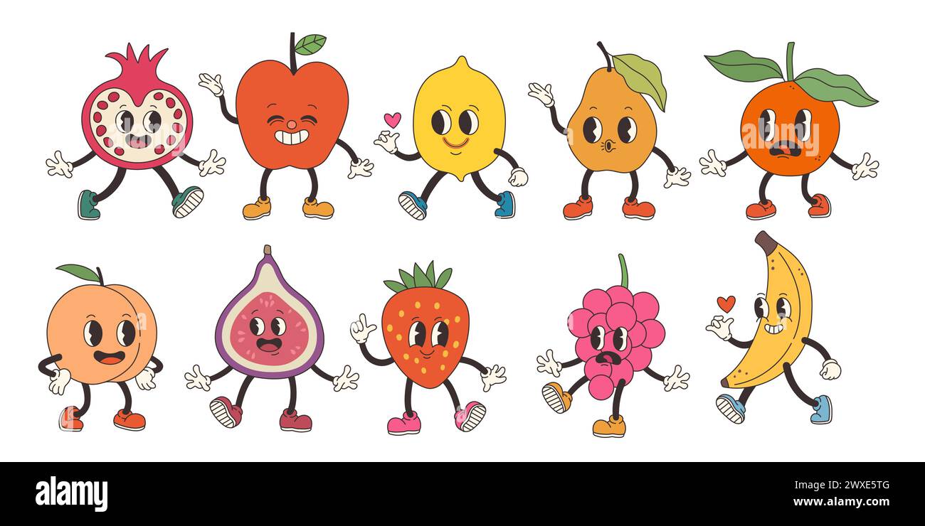 Groovy fruits set. Hand draw Funny Retro vintage trendy style fruits ...