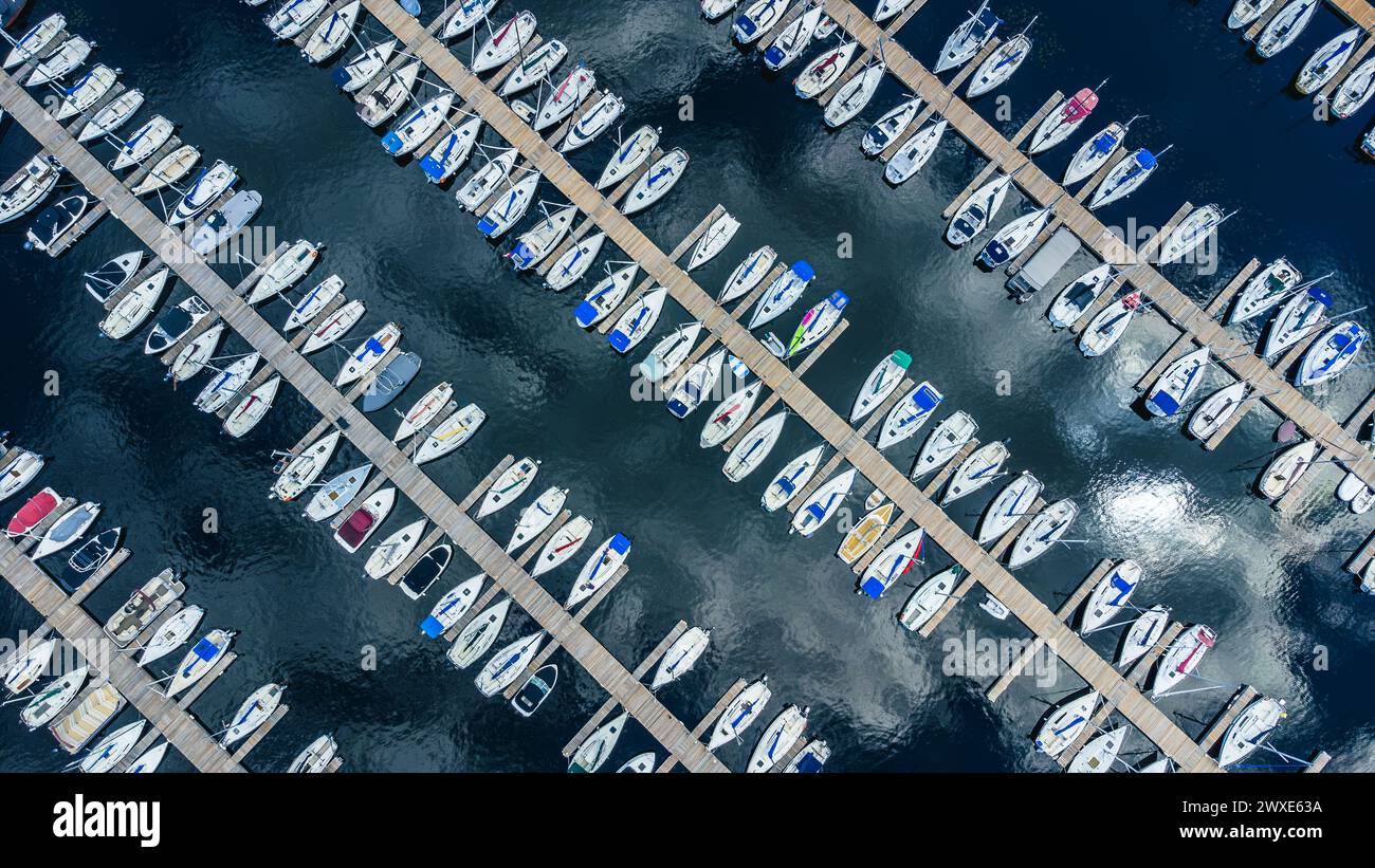 Aerial top down view of boats docking at marina, Ottawa, Ontario ...