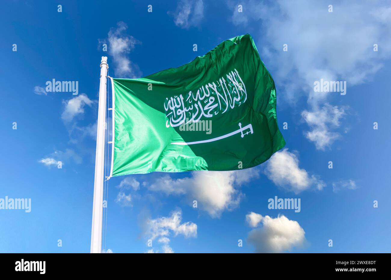 National flag of Saudi Arabia waving in the wind against a blue sky ...