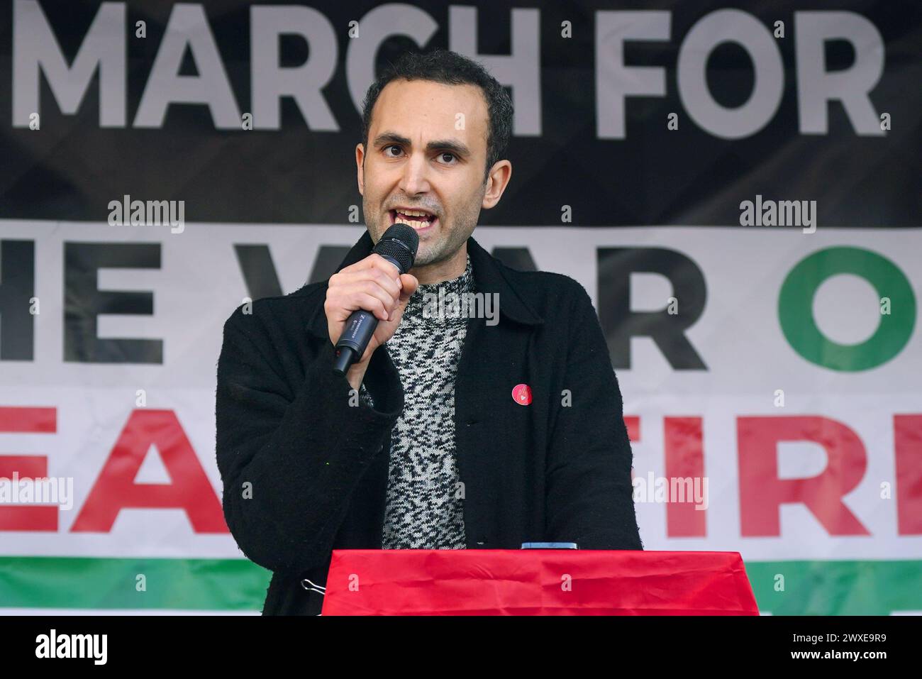 Khalid Abdalla speaking at Stop the Genocide in Gaza national demonstration in central London ...