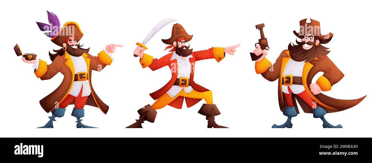Pirates characters set. The pirate holds a compass and shows the ...