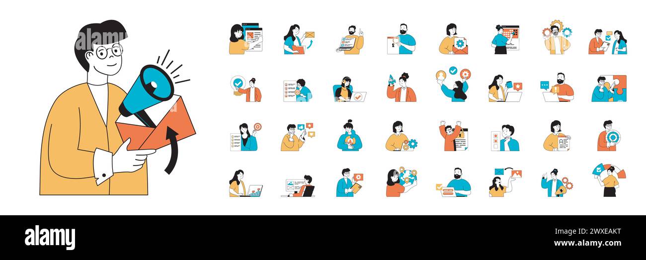 Marketing and development concept with character situations mega set in ...