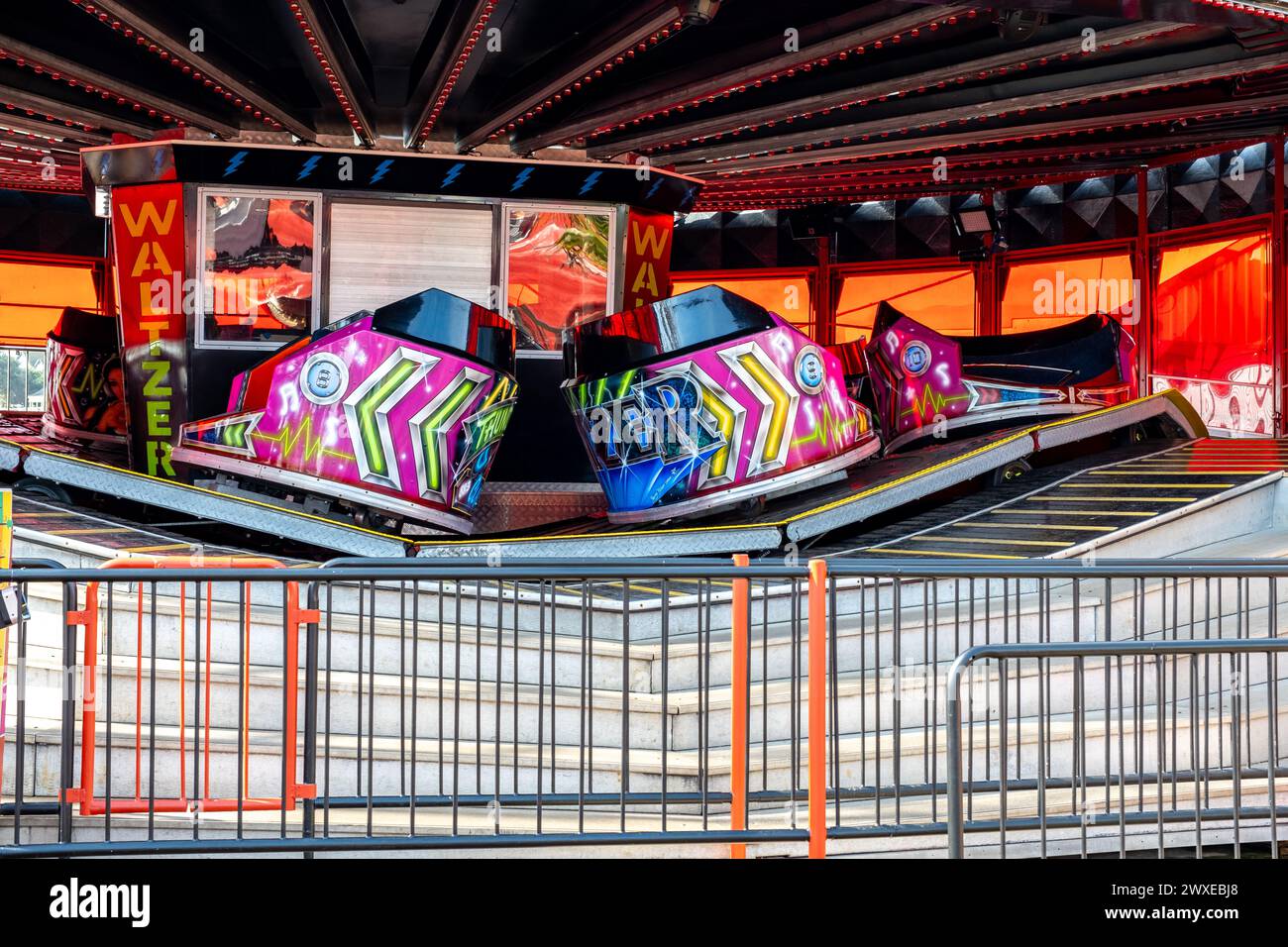 Clacton-on-Sea, Essex, UK – March 20 2024. Spinning car ride on Clacton ...