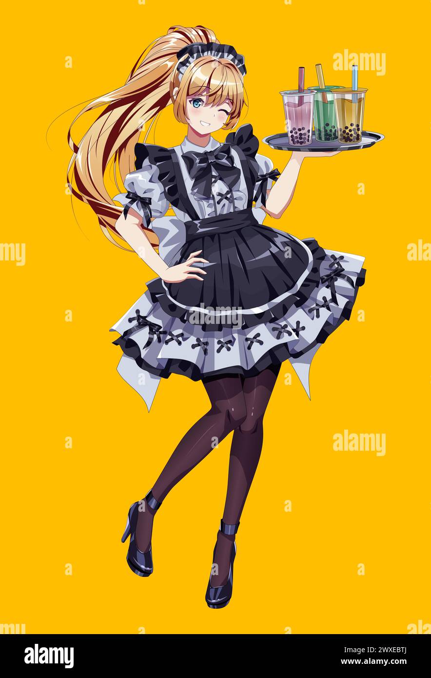 Winking Blonde Waitress From Maid Cafe Color Vector Character Flirting Anime Woman Holds Tray