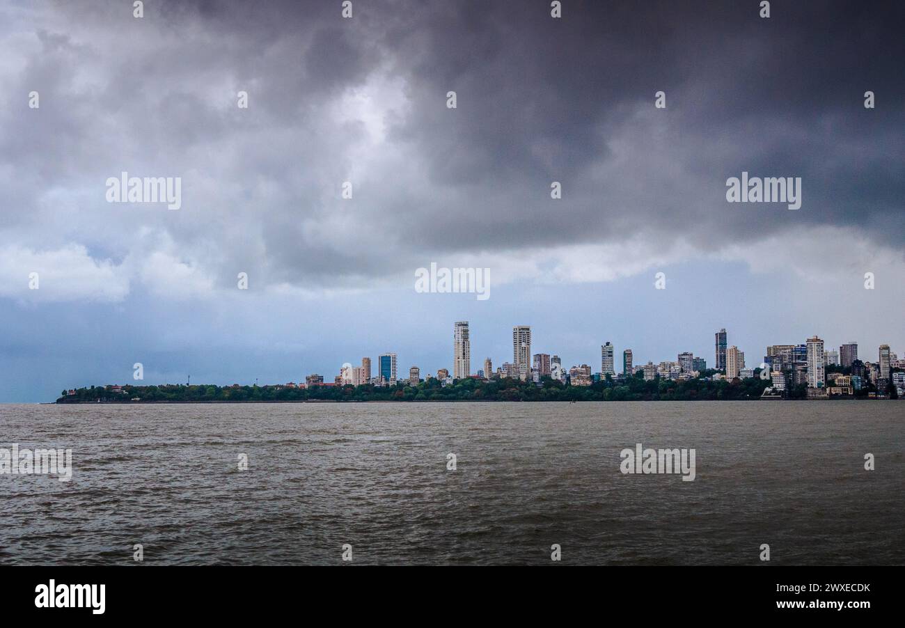 Marine drive, panoramic view of Mumbai city with Arabian Sea with ...