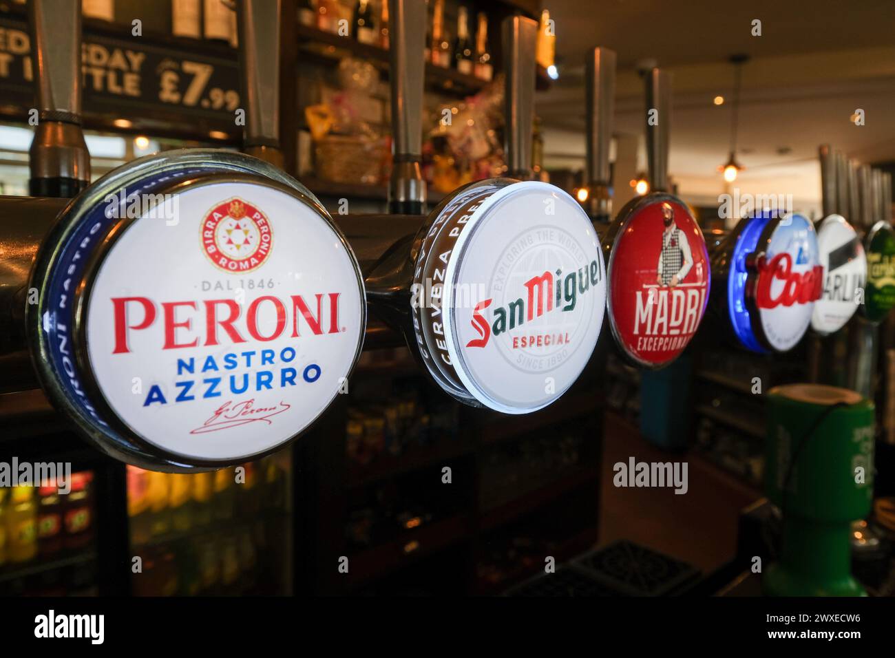 Lager pumps with Peroni and San Miguel Stock Photo - Alamy