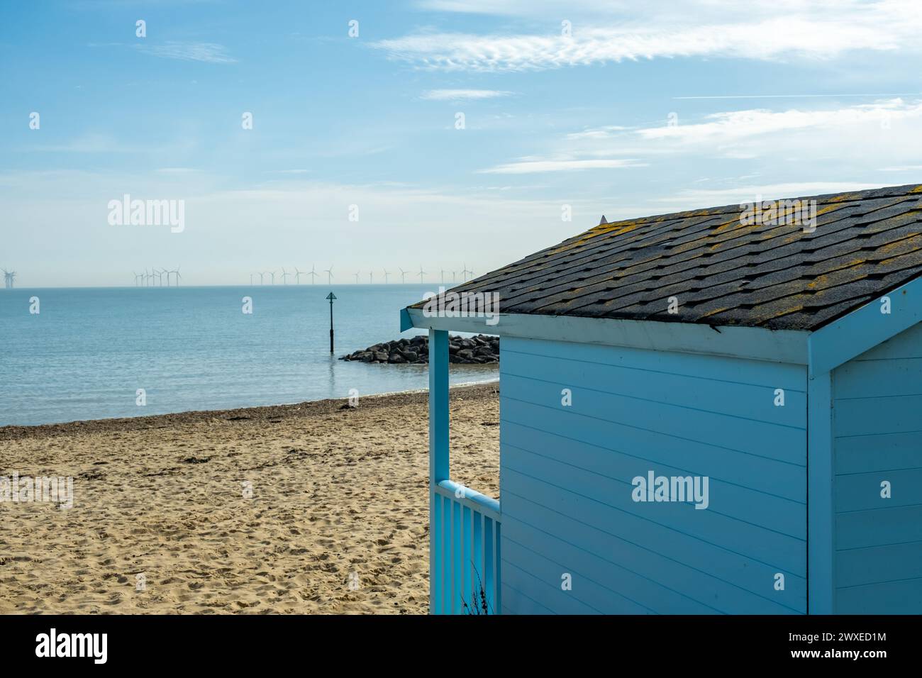 Clacton-on-Sea, Essex, UK – March 20 2024. Blue beach hut on Clacton ...