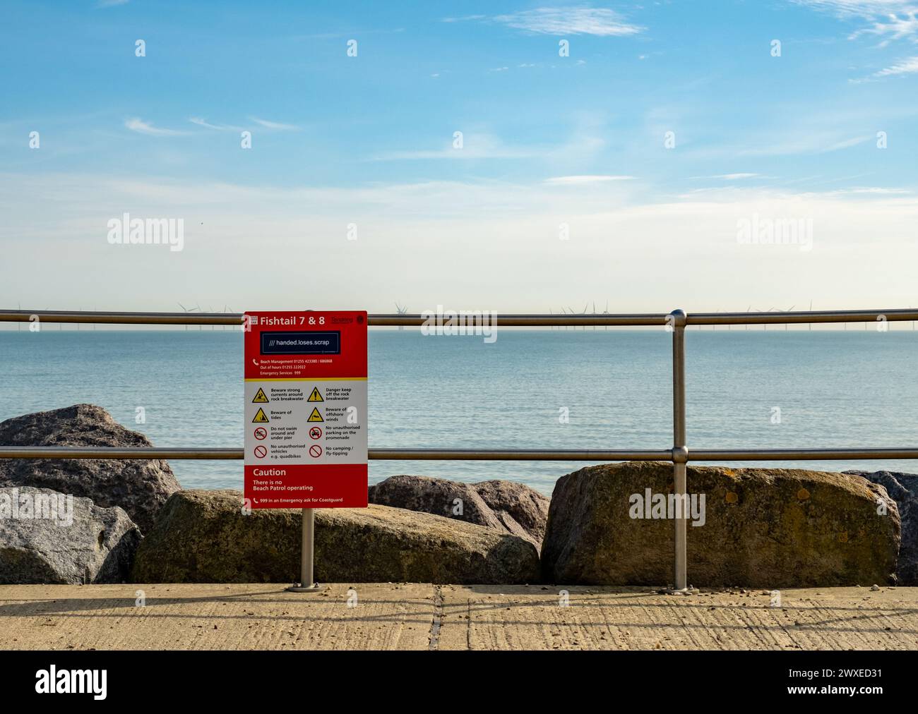 Clacton-on-Sea, Essex, UK – March 20 2024. Warning and information sign ...