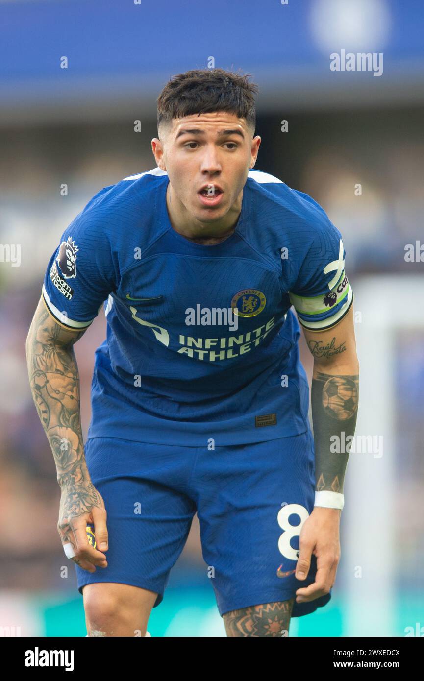 London, UK. 30th Mar, 2024. Enzo Fernández of Chelsea during the ...
