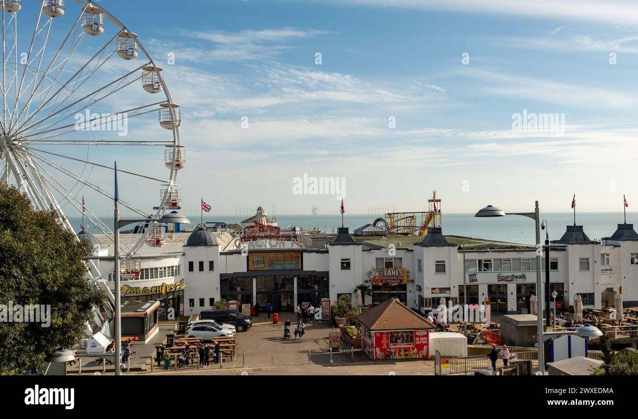 Clacton-on-Sea, Essex, UK – March 20 2024. The entrance to the pier in ...