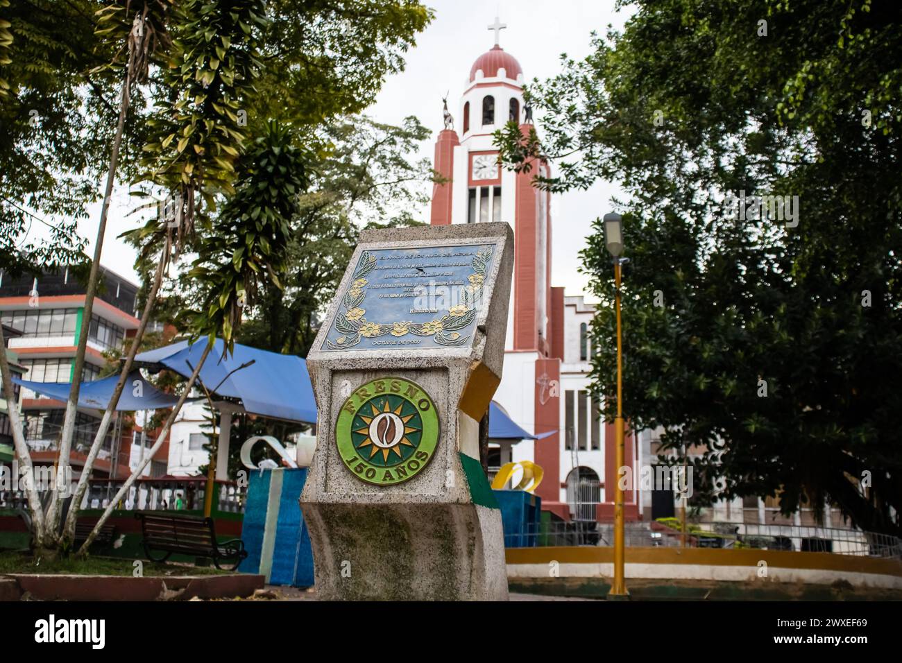 FRESNO, COLOMBIA - JANUARY 13, 2024: Plaque commemorating the 150 years ...