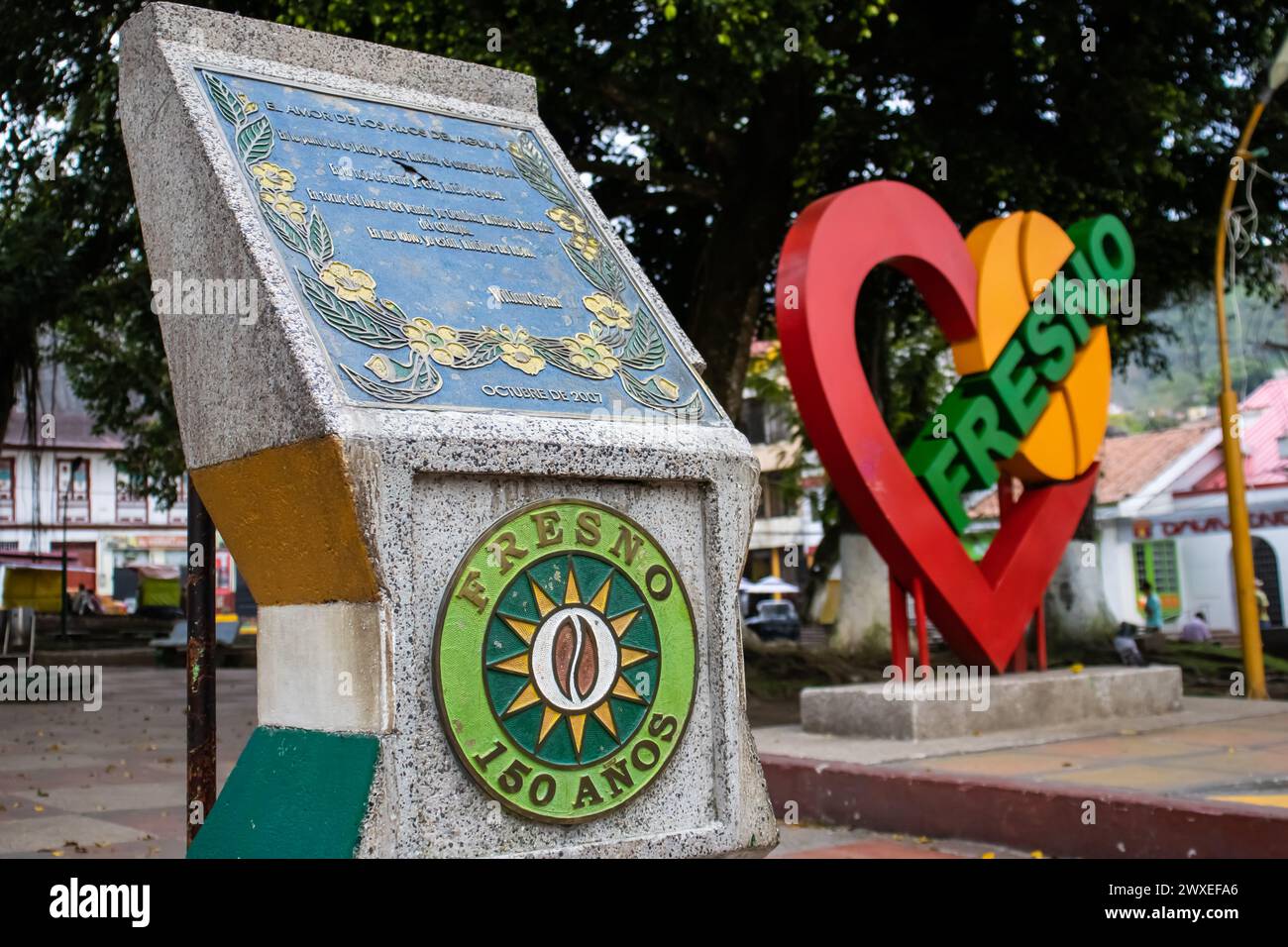 FRESNO, COLOMBIA - JANUARY 13, 2024: Plaque commemorating the 150 years ...