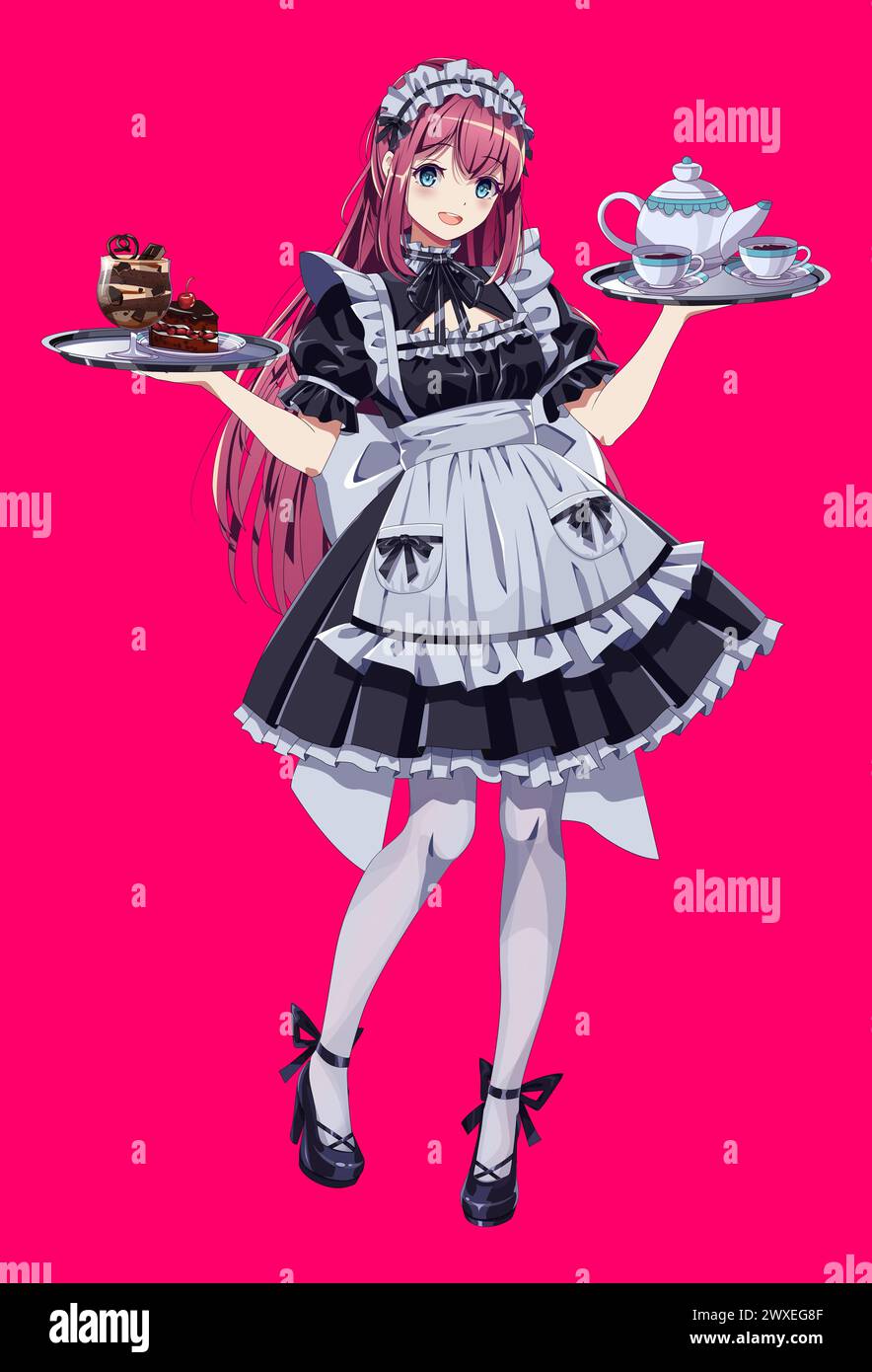 Cheerful girl in maid cafe uniform carries trays color vector character ...